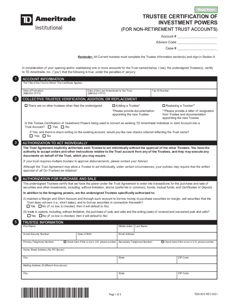 Fillable Online www.coursehero.comfile109951094Trustee Certification of Investment Powers TD ...