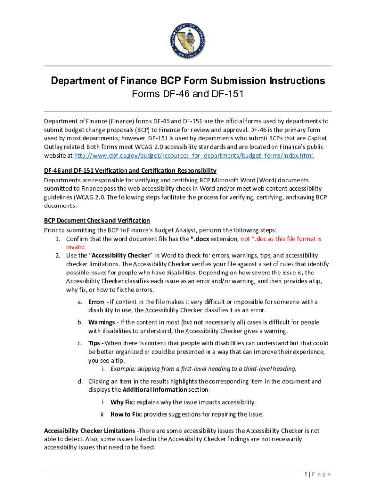 Fillable Online dof ca Department of Finance BCP Form Submission ...