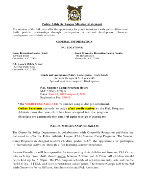 Fillable Online Police Athletic League Mission Statement PAL Summer ...