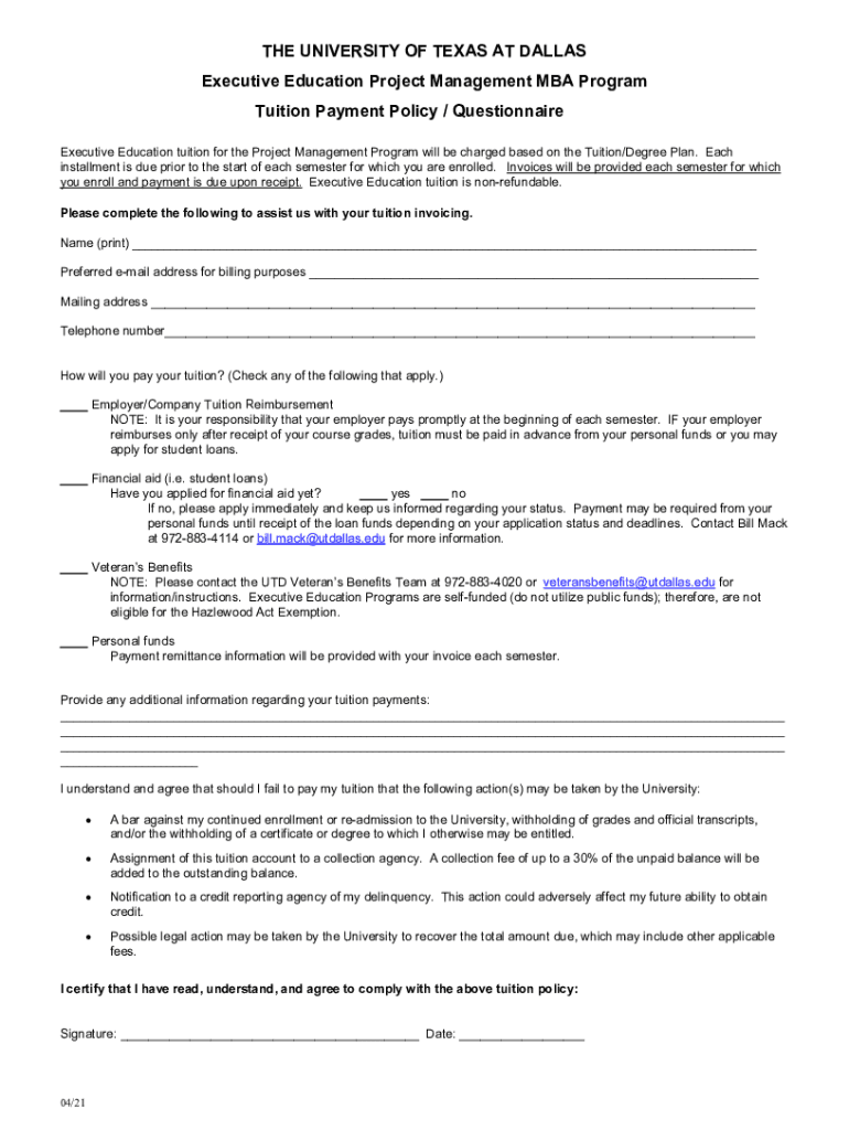 Fillable Online mba.utdallas.edutuition-aidMBA Cost & Tuition PlanMBA Programs at UT Dallas Fax ...