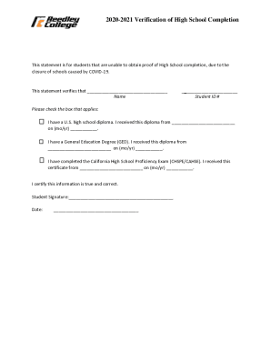 Fillable Online Student Verification of High School Completion Status ...