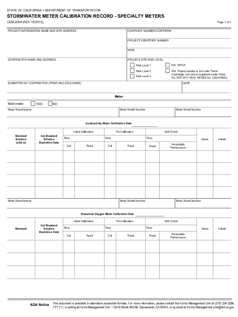 Fillable Online CEM-2058 Stormwater Meter Calibration Record ...
