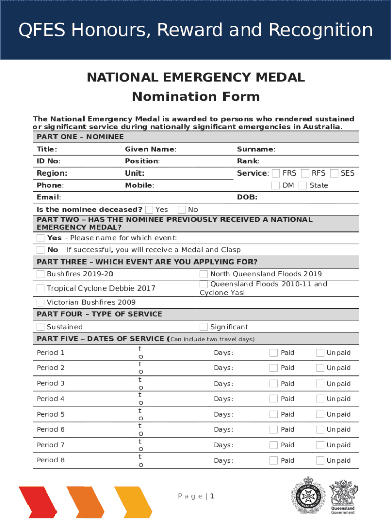 National Emergency Medal Nomination Doc Template | pdfFiller