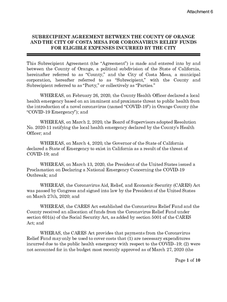 Fillable Online SUBRECIPIENT AGREEMENT BETWEEN THE COUNTY OF ORANGE AND ...