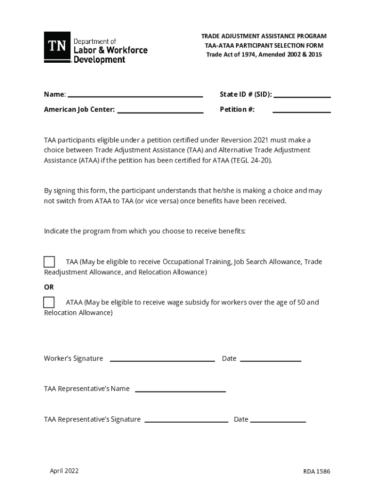 Fillable Online TAA-ATAA Participant Selection Form Fax Email Print ...