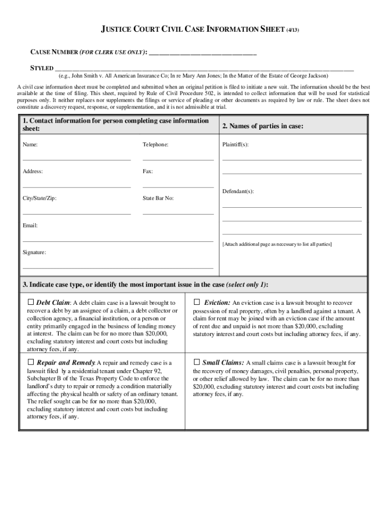 Fillable Online JUSTICE COURT CIVIL CASE INFORMATION SHEET (4/13) CAUSE ... Fax Email Print ...