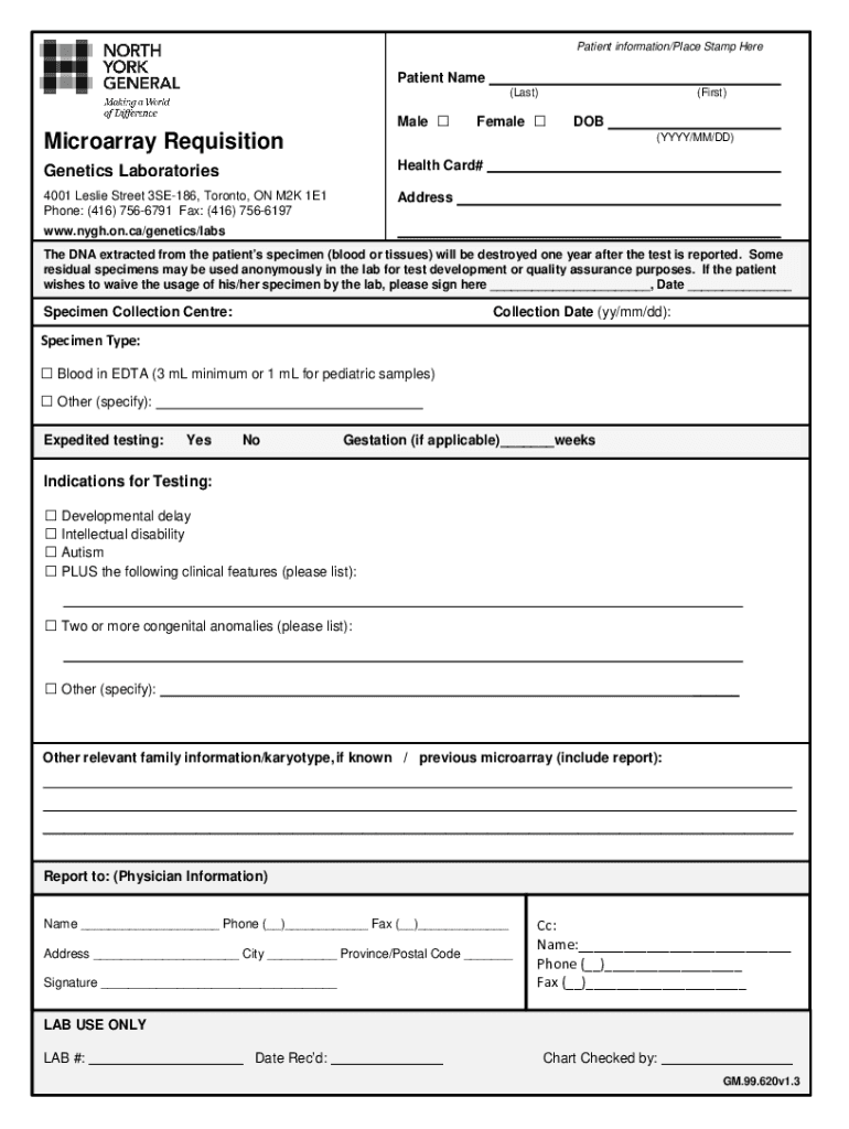 Fillable Online nygh.on.cadata2Patient Name (Last) (First) Microarray ...