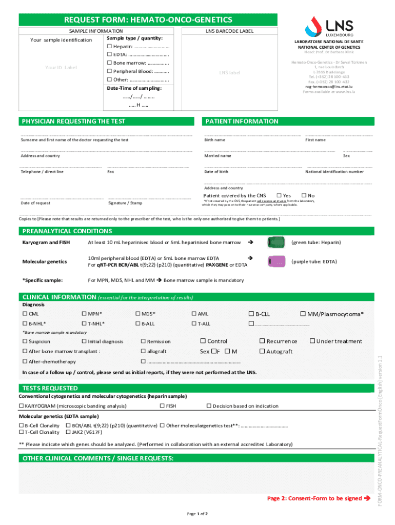 Fillable Online Fillable Online REQUEST FORM: HEMATO-ONCO-GENETICS ...