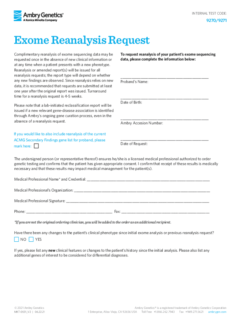 Fillable Online www.ambrygen.comfilematerialExome Reanalysis Request ...