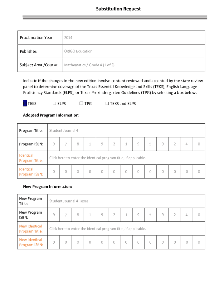 Fillable Online Fillable Online Origo Substitution Request - English Math ... Fax Email Print ...