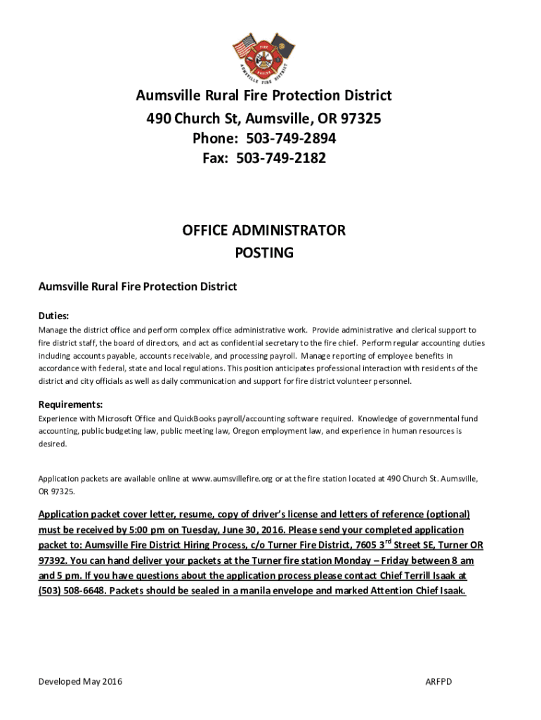 Fillable Online Aumsville Rural Fire Protection District - Oregon Fire ...