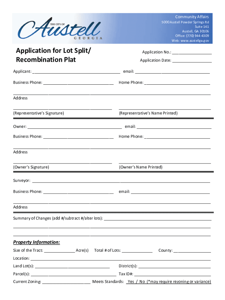 Fillable Online Application for Lot Split/ Recombination Plat Fax Email Print - pdfFiller