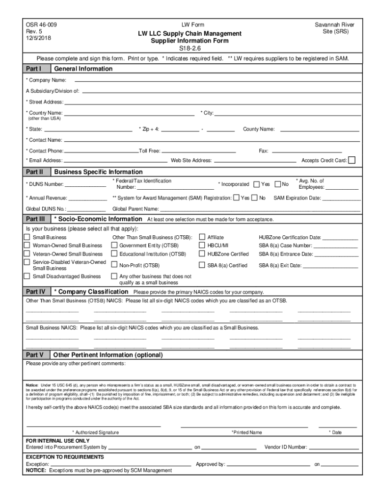 Fillable Online OSR 46-009 LW Form Savannah River LW LLC Supply Chain ...