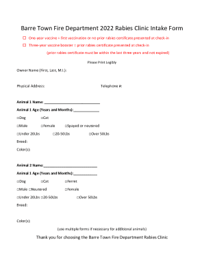 Fillable Online Barre Town Fire Department 2022 Rabies Clinic Intake ...
