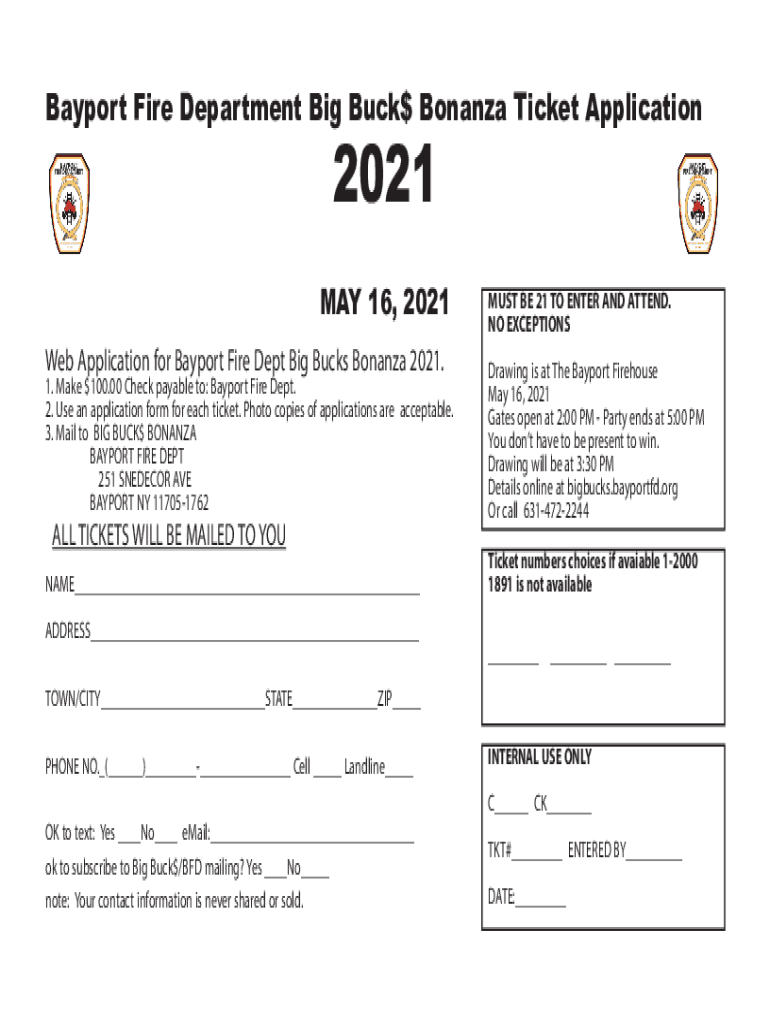 Fillable Online Bayport Fire Department Big Buck$ Bonanza Ticket ...