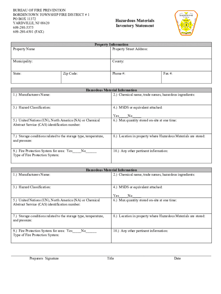 Fillable Online Hazardous Materials Inventory Statement - Mission Fire ...