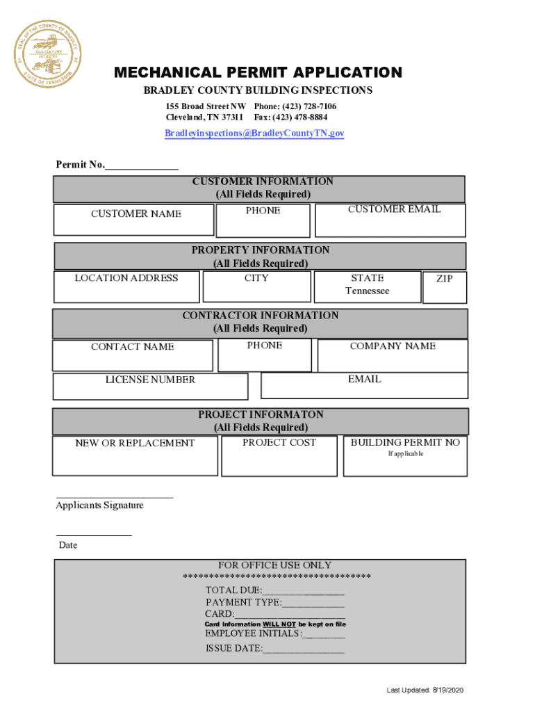 Fillable Online MECHANICAL PERMIT APPLICATION - Bradley County, TN Fax Email Print - pdfFiller