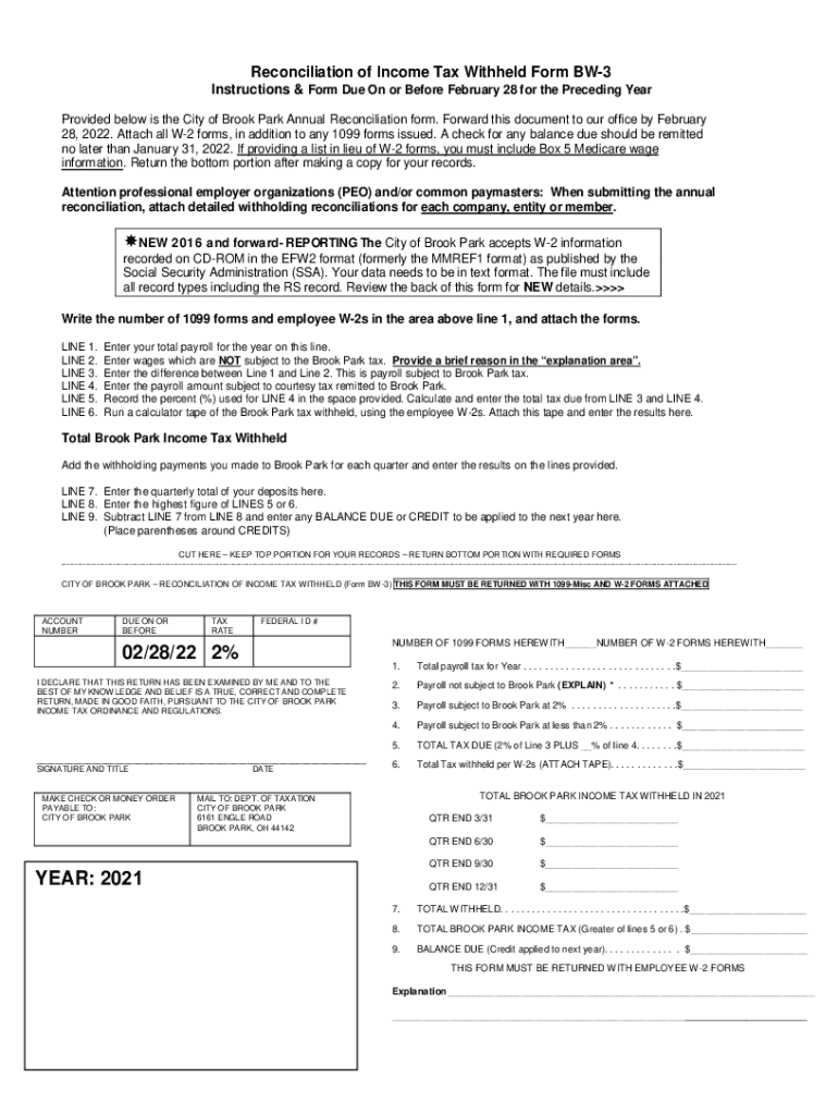 Fillable Online Reconciliation Of Income Tax Withheld Form BW-3 - Brook ...