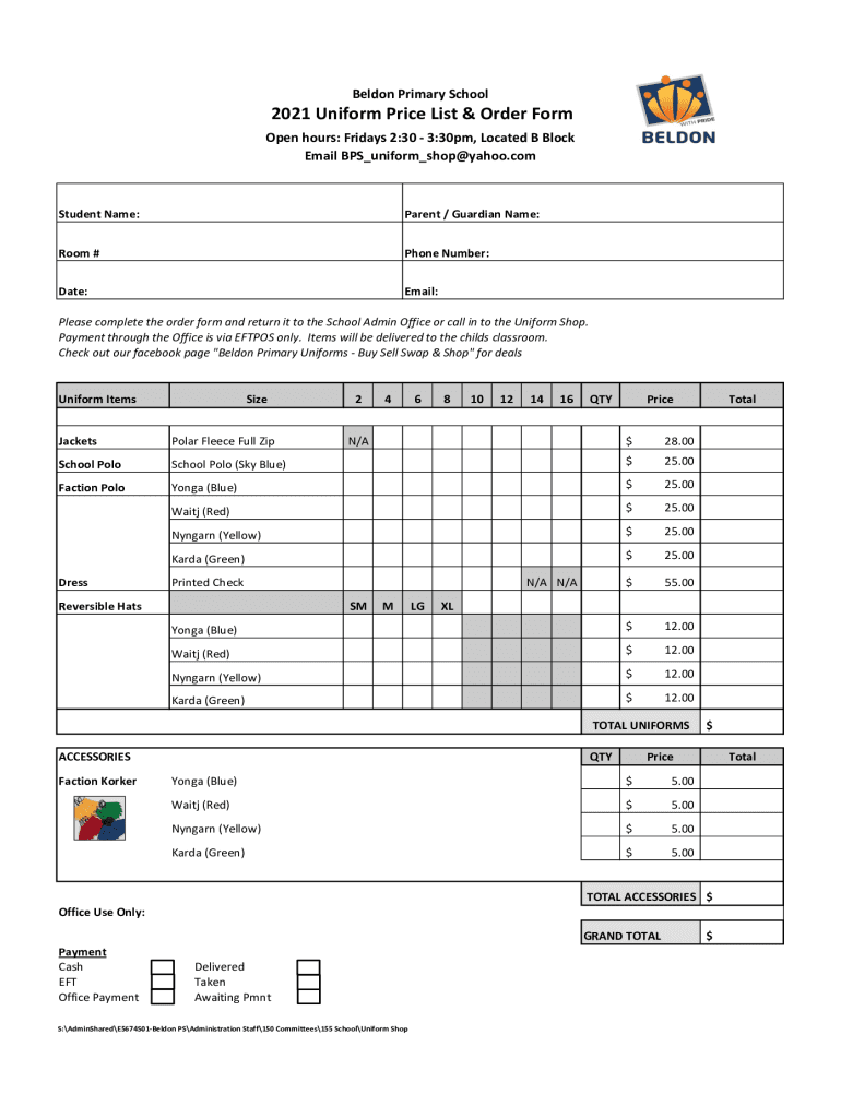 Fillable Online Beldon Primary School 2019 Uniform Price List & Order ...