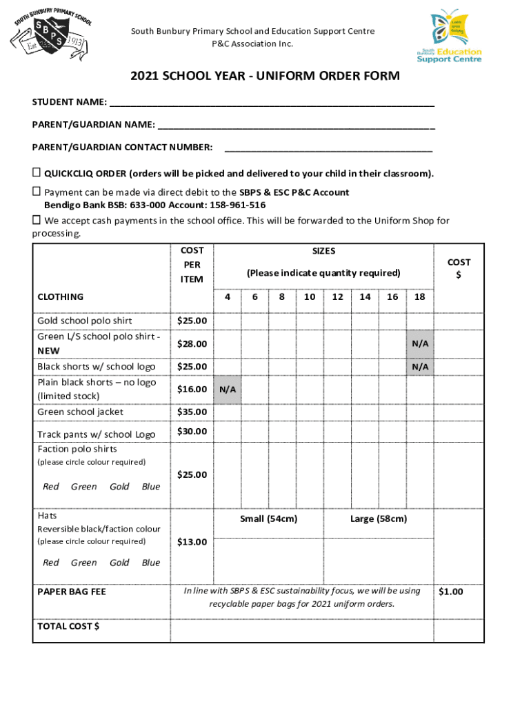 Fillable Online UNIFORM ORDER FORM - South Bunbury Primary School Fax ...