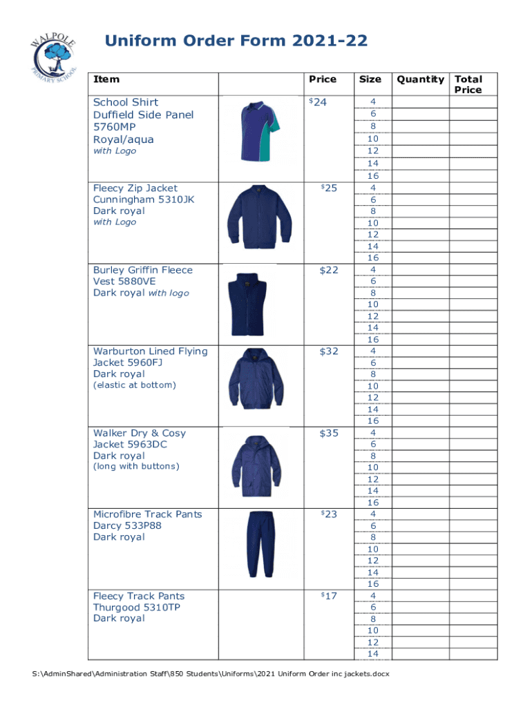 Fillable Online Uniform order form by Duffield Meadows Primary School ...