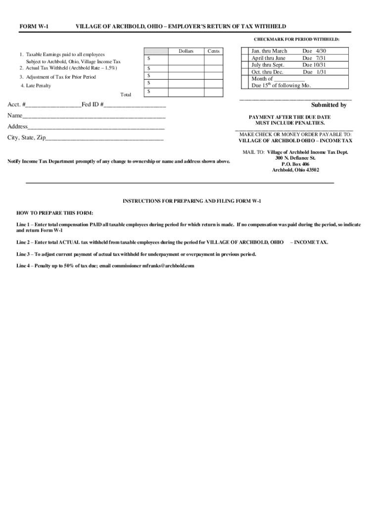 Fillable Online Form IR file with: VILLAGE OF ARCHBOLD, OHO (TAX OFFICE ...