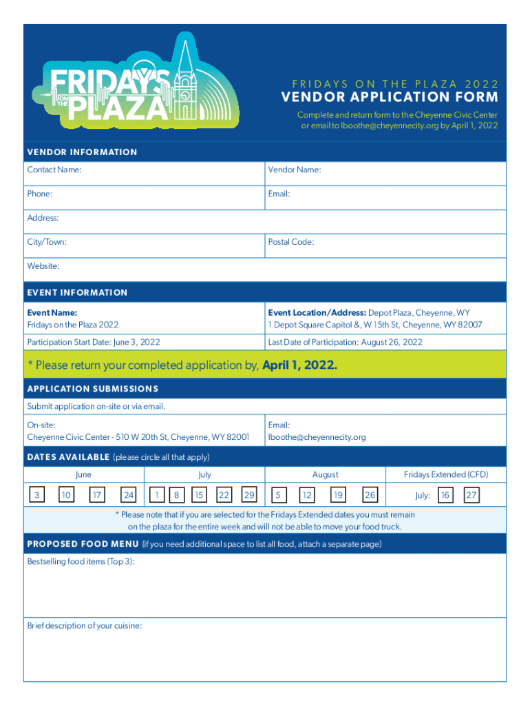 WY Fridays on form Plaza Vendor Application - Fill Online, Printable ...