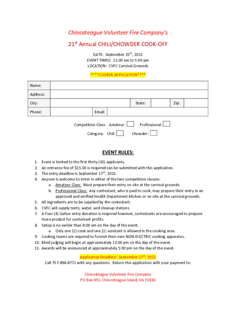Fillable Online 21st Annual CHILI/CHOWDER COOKOFF - Chincoteague ... Fax Email Print - pdfFiller