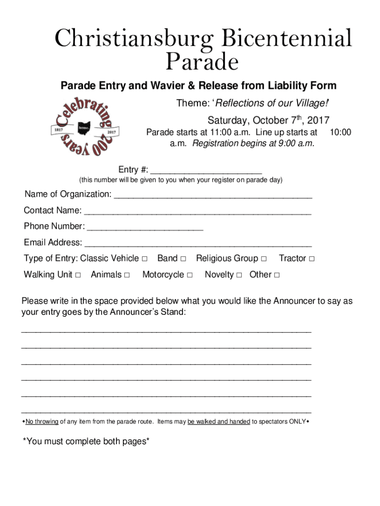 Fillable Online PARADE ENTRANT WAIVER AND RELEASE FORM Sample Clauses ...
