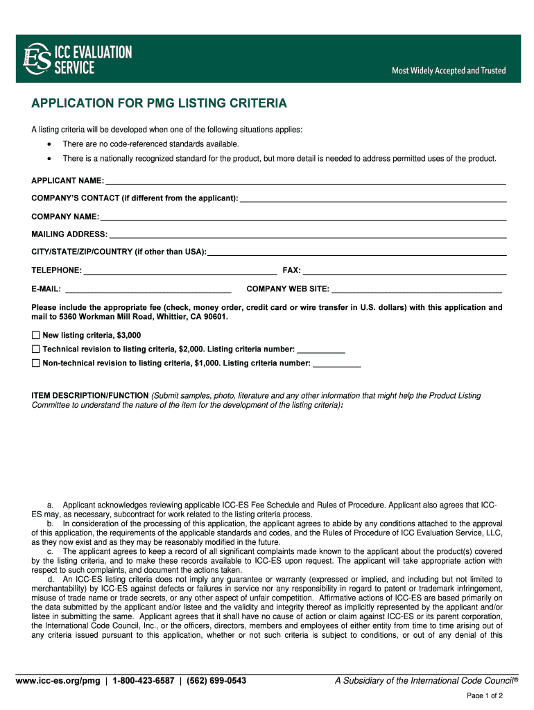 Fillable Online icc-es-pmg 13 Application for Listing Criteria 8-5-10 ...