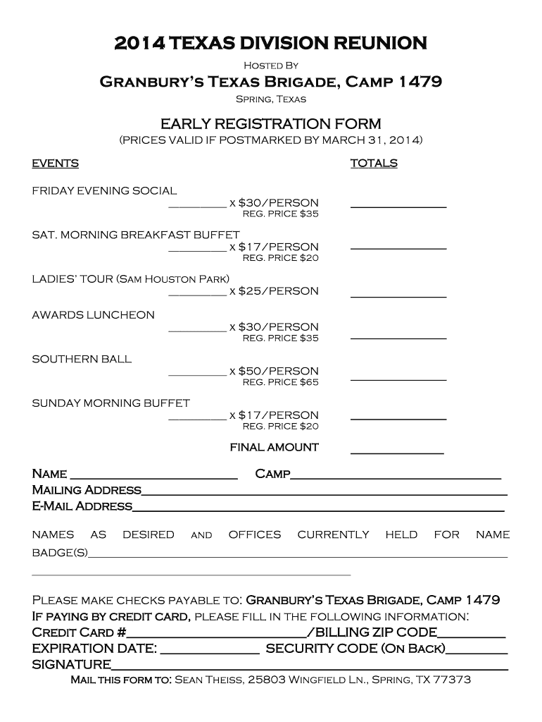 Fillable Online scvtexas 2014 TEXAS DIVISION REUNION - Texas SCV ...
