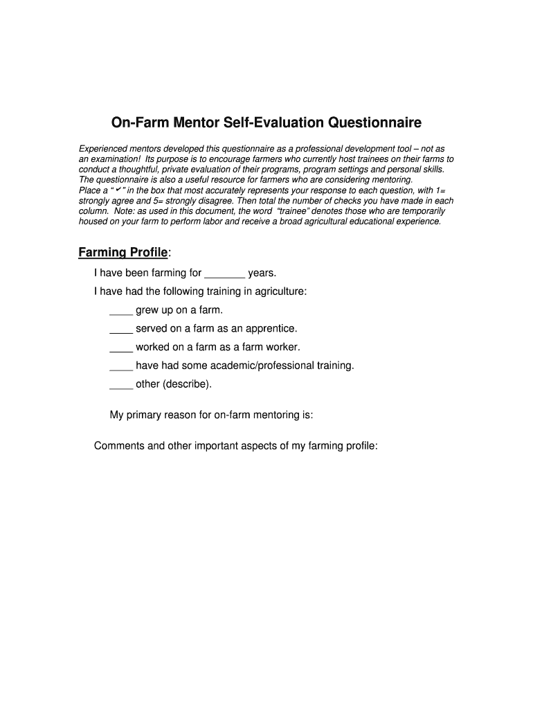 Fillable Online On-Farm Mentor Self-Evaluation Questionnaire Fax Email ...