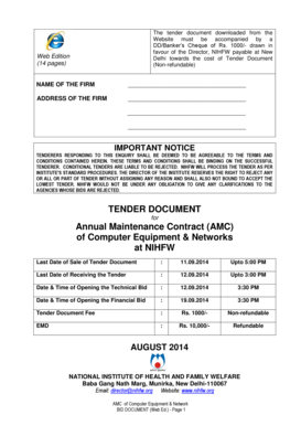 Fillable Online nihfw Tender for Annual Maintenance Contract AMC - National Institute bb - nihfw ...