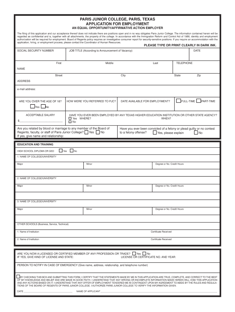 Fillable Online parisjc APPLICATION FOR EMPLOYMENT - Paris Junior ...