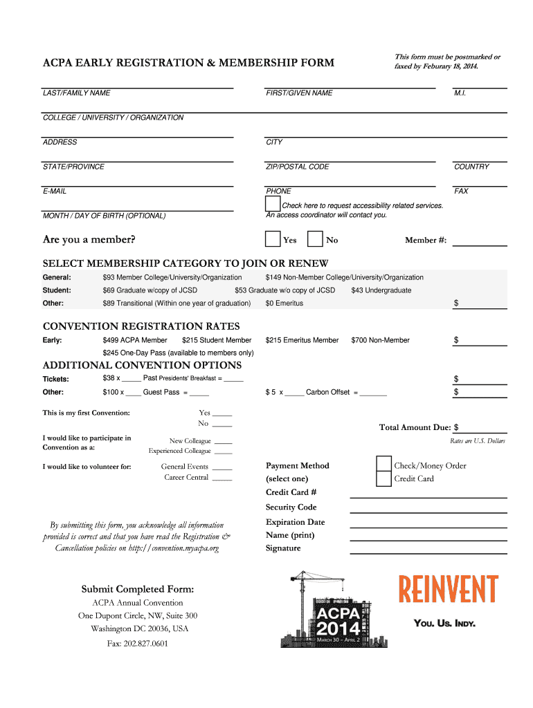 Fillable Online convention myacpa 2014 Early Registration Form - ACPA ...