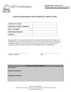 Fillable Online eastgwillimbury ACKNOWLEDGEMENT OF INCOMPLETE ...