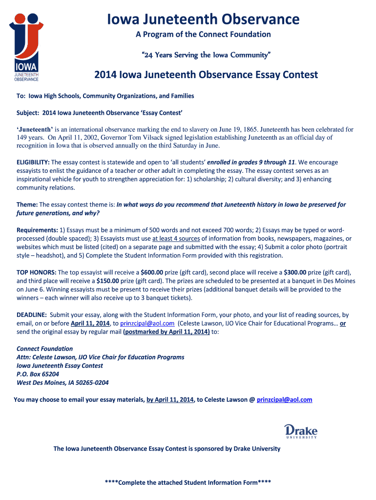 Fillable Online davenportschools 2014 Iowa Juneteenth Observance Essay ...