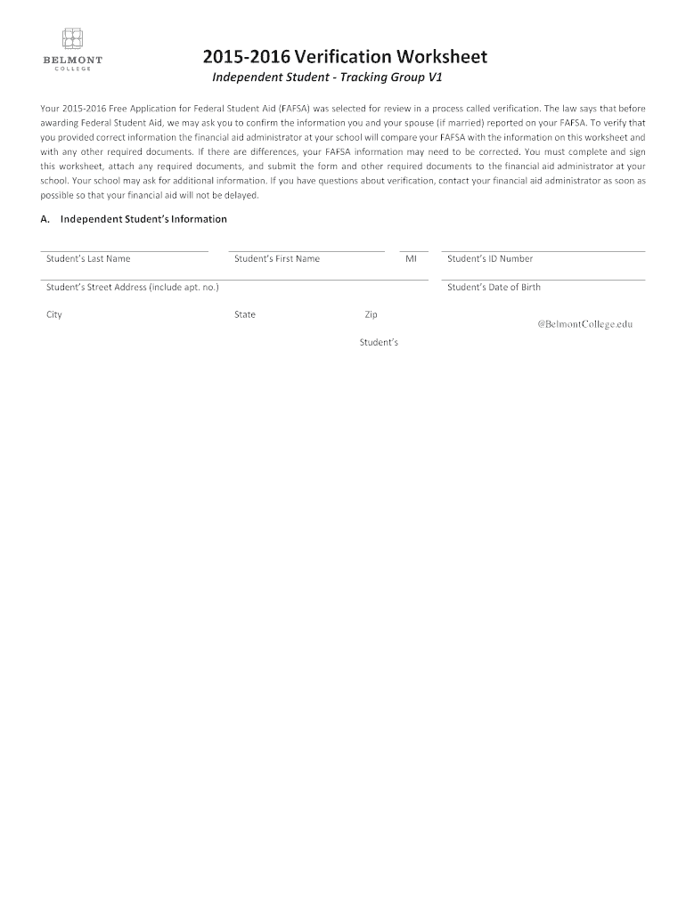 Fillable Online IV1 20152016 Verification Worksheet Independent Student Tracking Group V1 Your ...