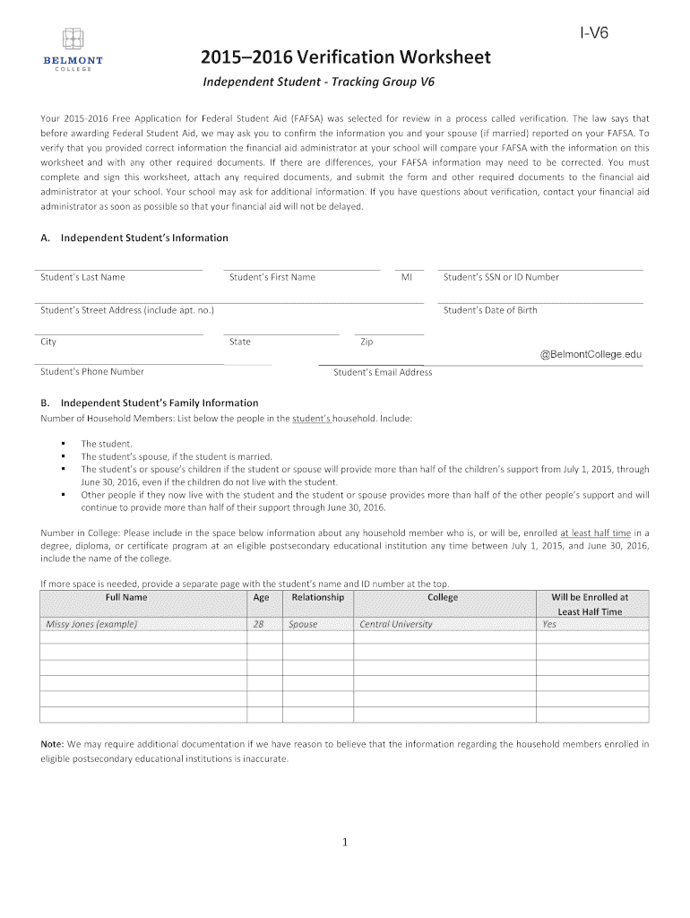 Fillable Online IV6 20152016 Verification Worksheet Independent Student Tracking Group V6 Your ...