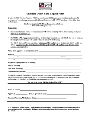 Fillable Online Duplicate OSHA Card Request Form - TSC Training Academy ...