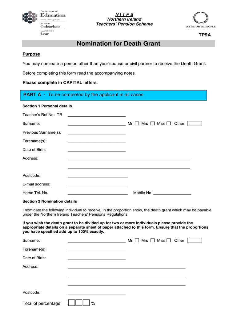 Fillable Online deni gov Nomination for Death Grant - Department of ...