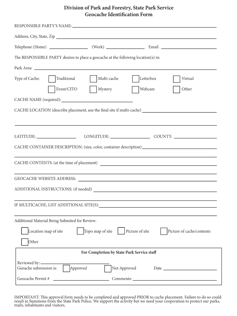 Fillable Online Division of Park and Forestry State Park Service Geocache bb Fax Email Print ...
