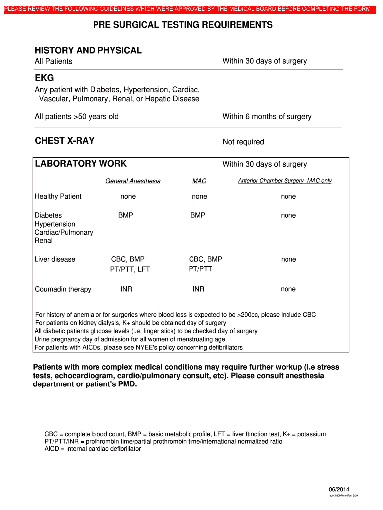 Fillable Online nyee Guidelines for Pre-Surgical Testing and Standard ...