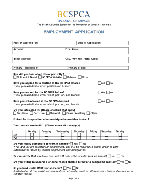 Fillable Online spca bc Employment Application - BC SPCA Fax Email ...
