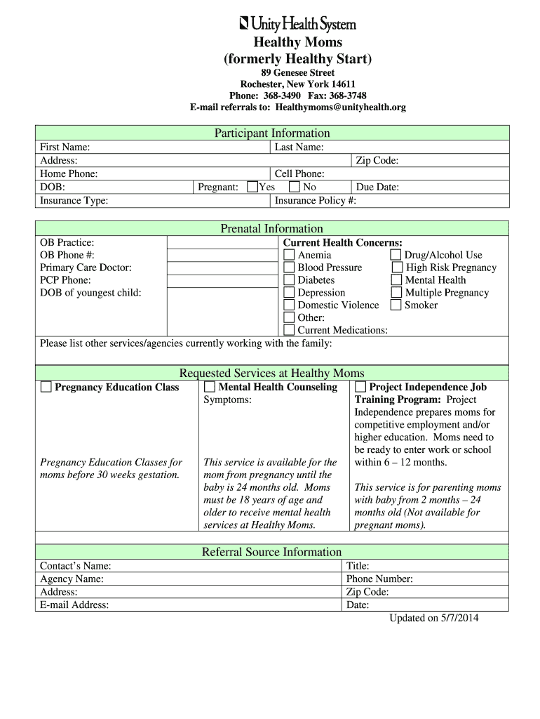 Fillable Online unityhealth Healthy Moms (formerly Healthy Start ...