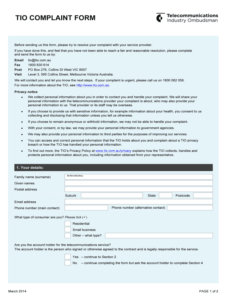 Fillable Online TIO COMPLAINT FORM Fax Email Print - pdfFiller