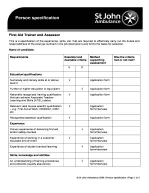 Fillable Online Person specification First Aid Trainer and Assessor This is a specification of ...