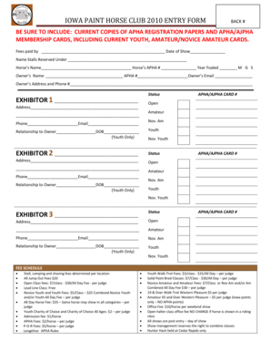 Fillable Online IOWA PAINT HORSE CLUB 2010 ENTRY FORM BACK # BE SURE TO ...