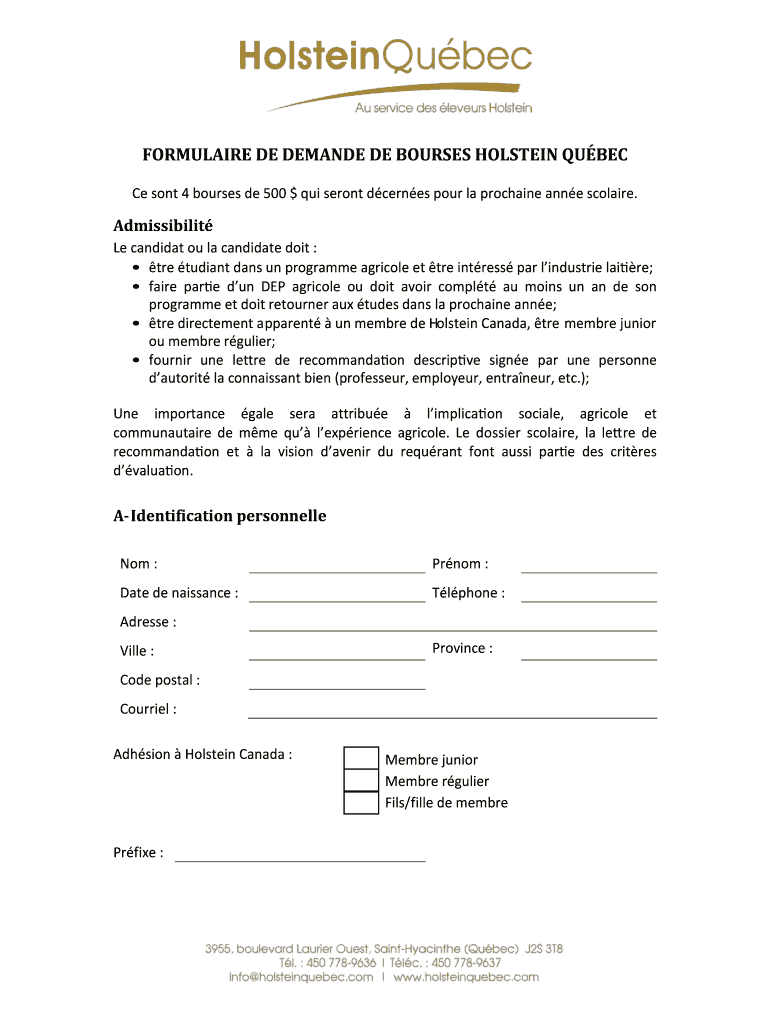 Remplissable En Ligne FORMULAIRE DE DEMANDE DE BOURSES HOLSTEIN QU BEC ...