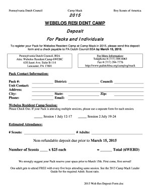 Fillable Online padutchbsa 2015 Webelos Camp Deposit Form - PA Dutch Council BSA Fax Email Print ...